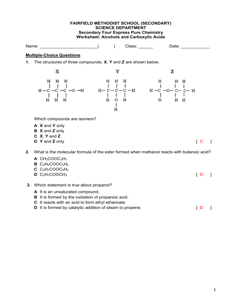 Alcohols & Carboxylic Acids Chemistry Worksheet | High School