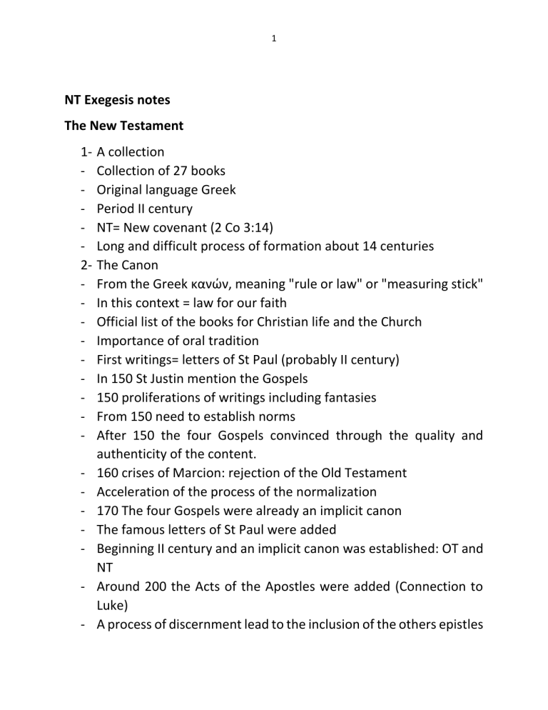 NT Exegesis Notes: New Testament Canon, Text, Context & Synoptic Gospels