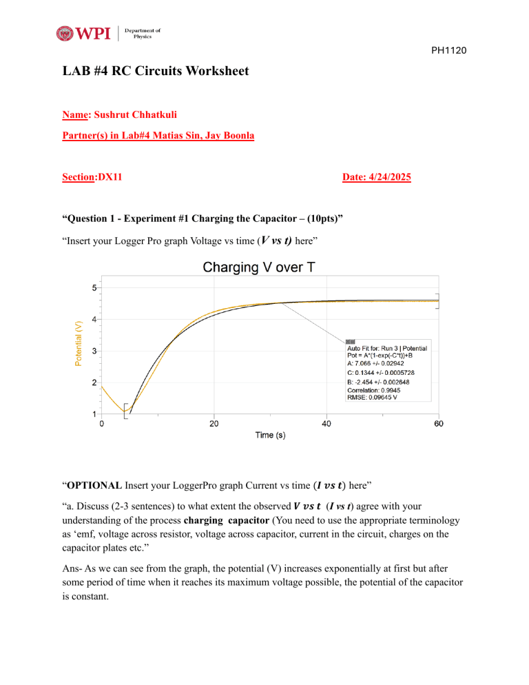 RC Circuits Lab Worksheet: Charging & Discharging Capacitors