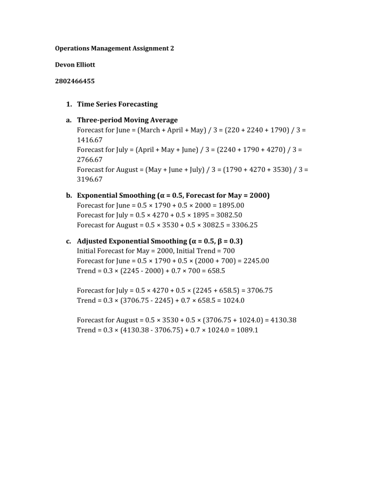 Operations Management Forecasting Assignment