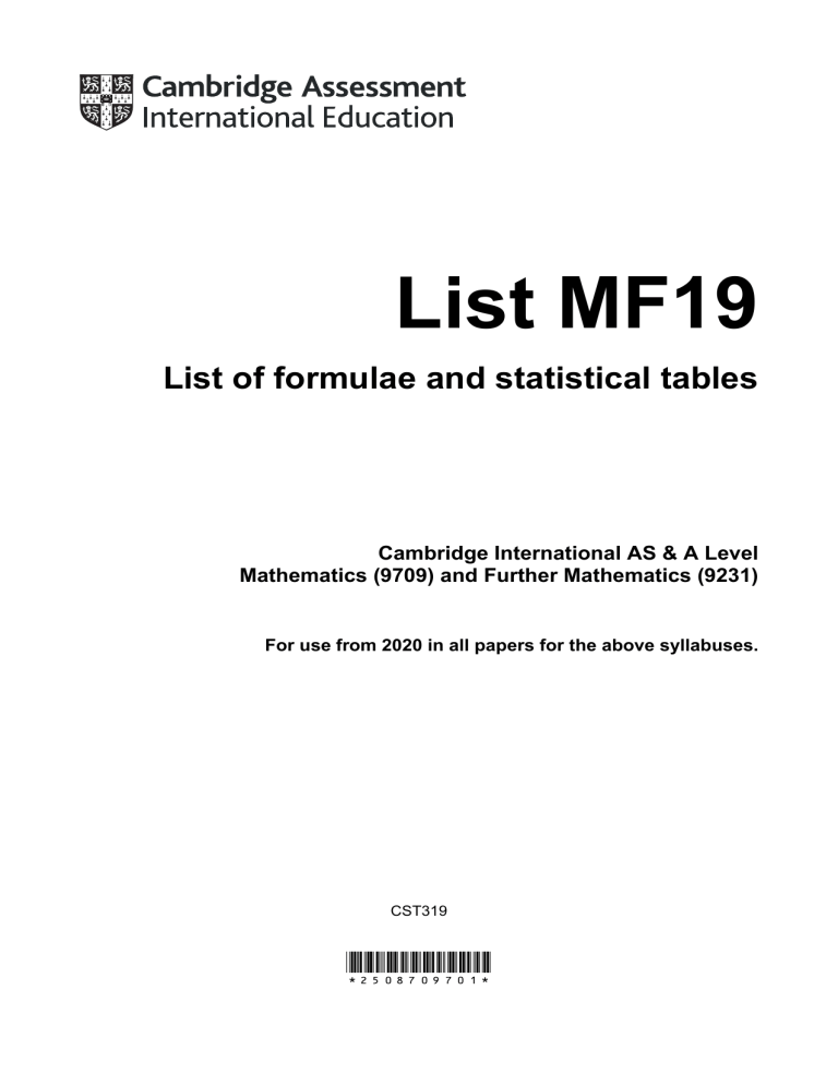 Cambridge A Level Maths Formula Sheet & Tables (9709 & 9231)