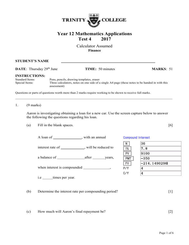 Year 12 Maths Applications Test: Finance (2017)