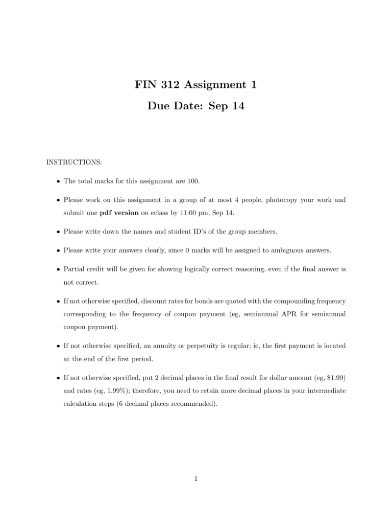 FIN 312 Assignment 1: Time Value, Returns, Margin Accounts