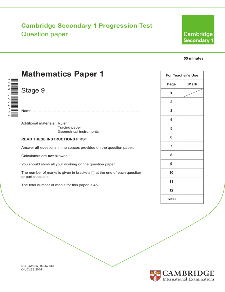 Year 9 checkpoint math Paper 1 Progression Test