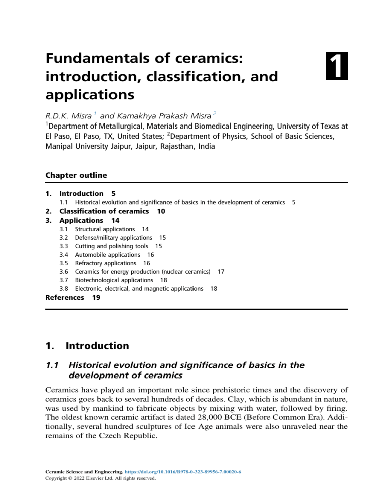 Fundamentals of Ceramics: Introduction, Classification, and Applications