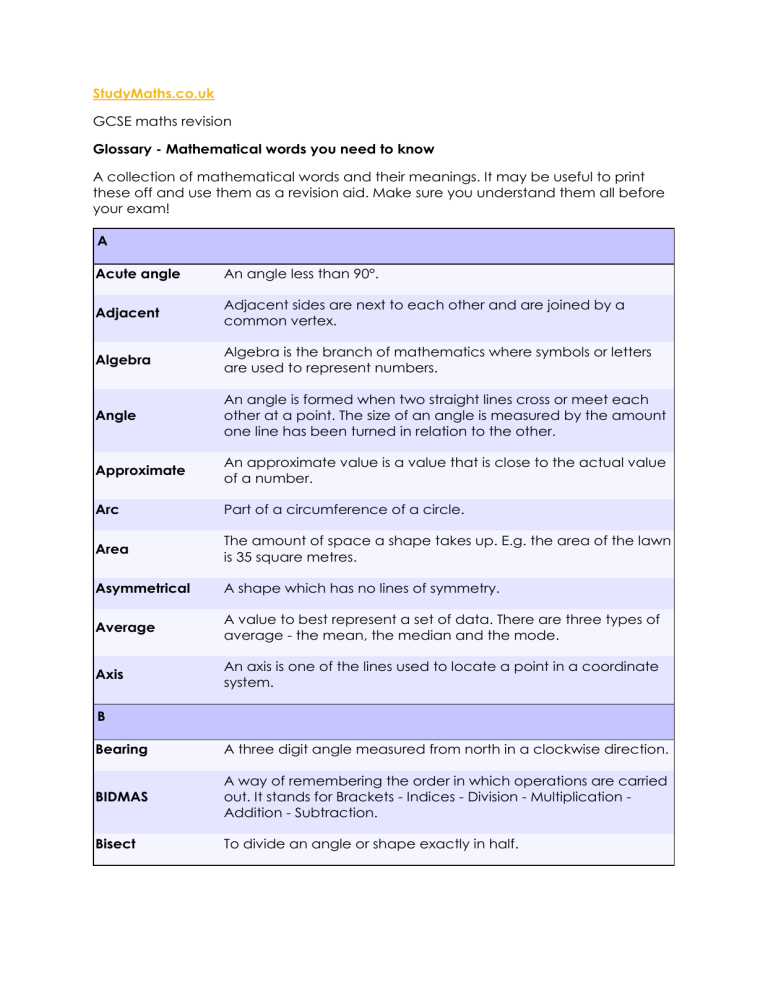 GCSE Maths Revision Glossary: Essential Mathematical Words & Meanings