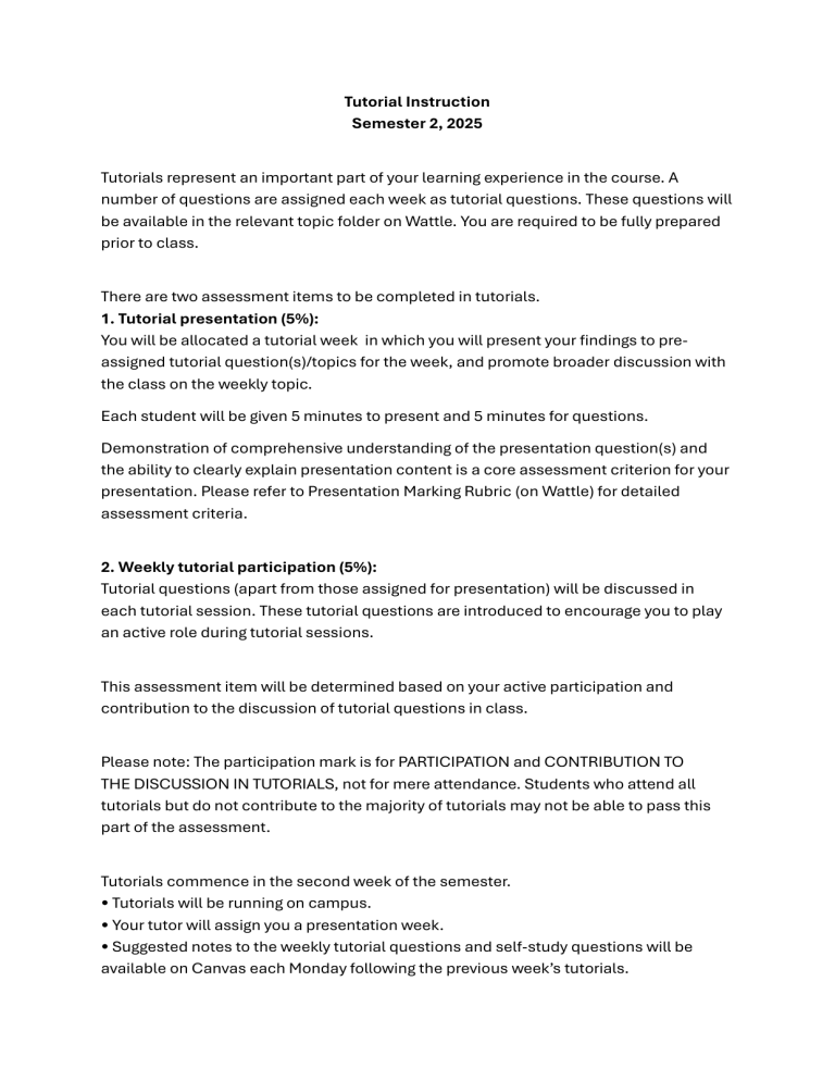 Tutorial Instructions Semester 2, 2025: Assessment & Participation