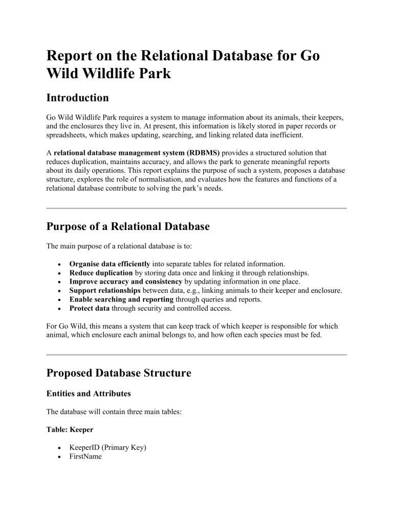 Relational Database Report for Go Wild Wildlife Park: Structure & Features