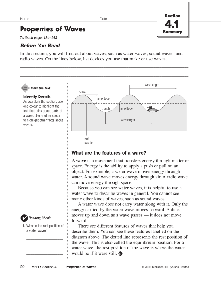 Properties of Waves Physics Summary & Worksheet | High School Science