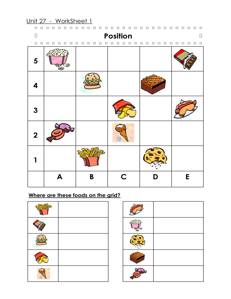 Unit 27 Position Worksheet 1: Grid Coordinates & Food Items