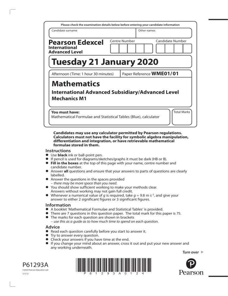 Pearson Edexcel International A Level Mechanics M1 Exam Paper 2020