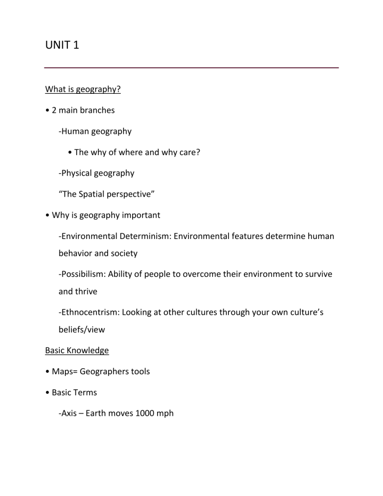 Geography Unit 1: Branches, Maps, Culture, & Economic Activities