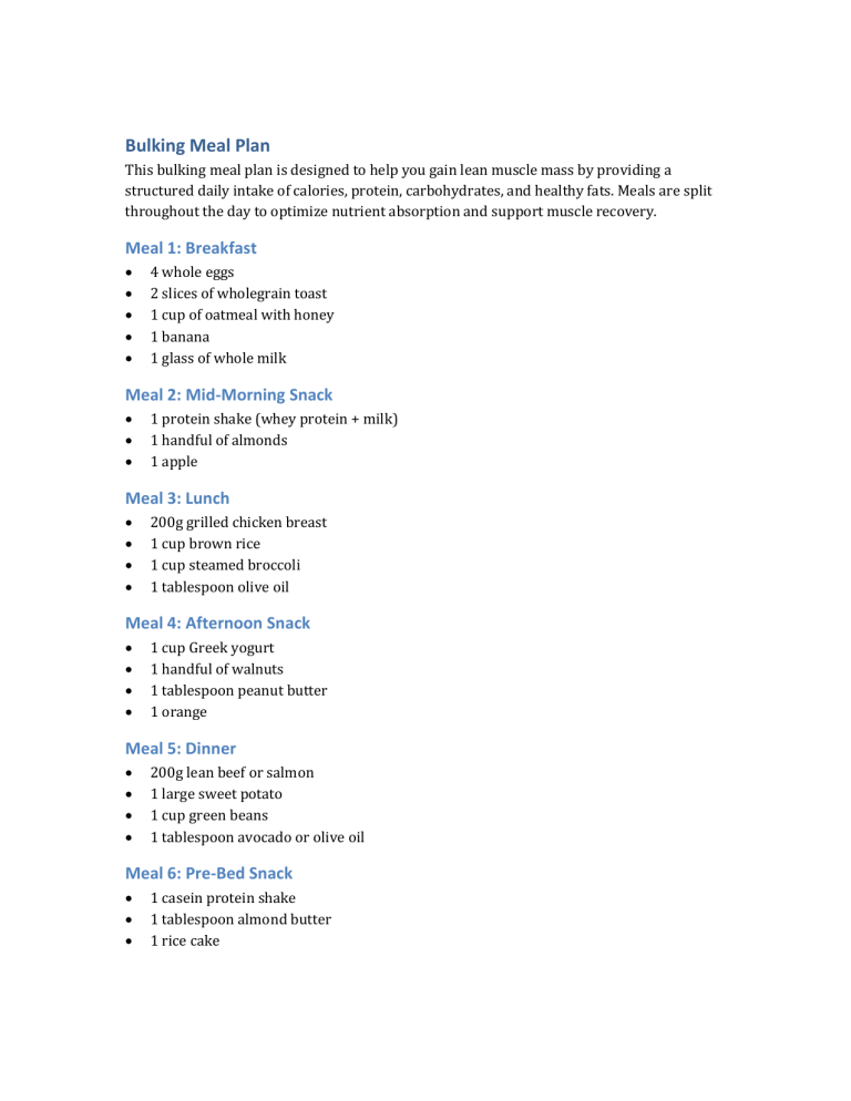 Bulking Meal Plan: Gain Lean Muscle Mass with Structured Diet