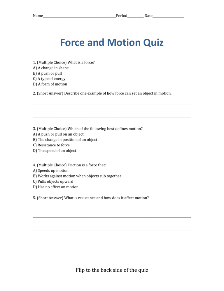 Force and Motion Quiz: Physics Assessment for Middle School