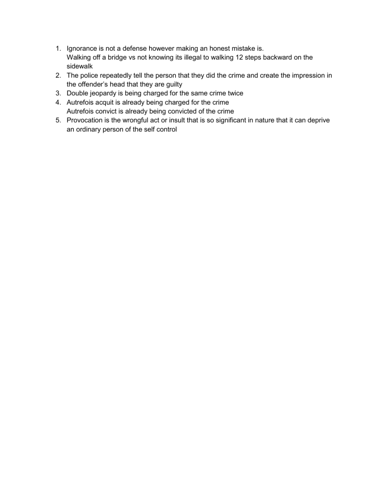 Criminal Law Definitions: Ignorance, Double Jeopardy, Provocation