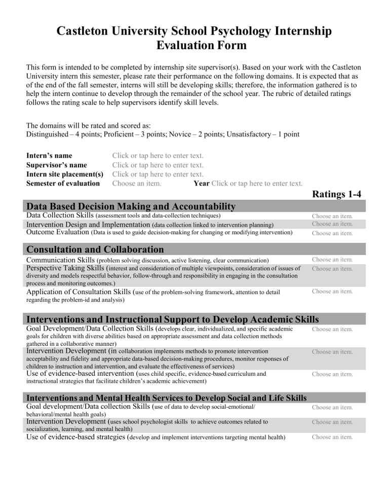 School Psychology Internship Evaluation Form