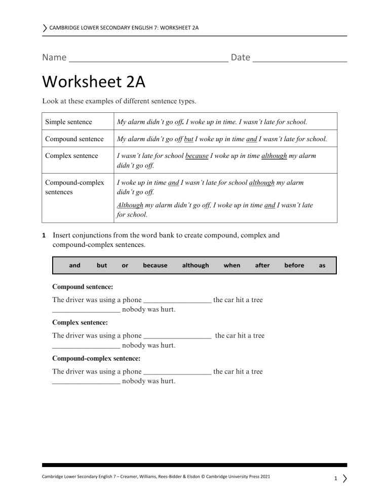 Sentence Types & Conjunctions Worksheet for Grade 7 English