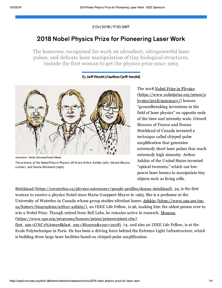 2018 Nobel Physics Prize: Laser Work by Mourou, Strickland, Ashkin