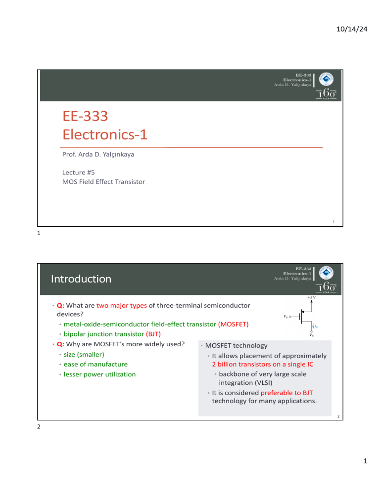 EE-333 Electronics-1: MOS Field Effect Transistor Lecture Notes