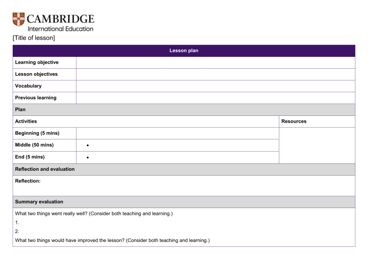Cambridge International Education Lesson Plan Template 2025