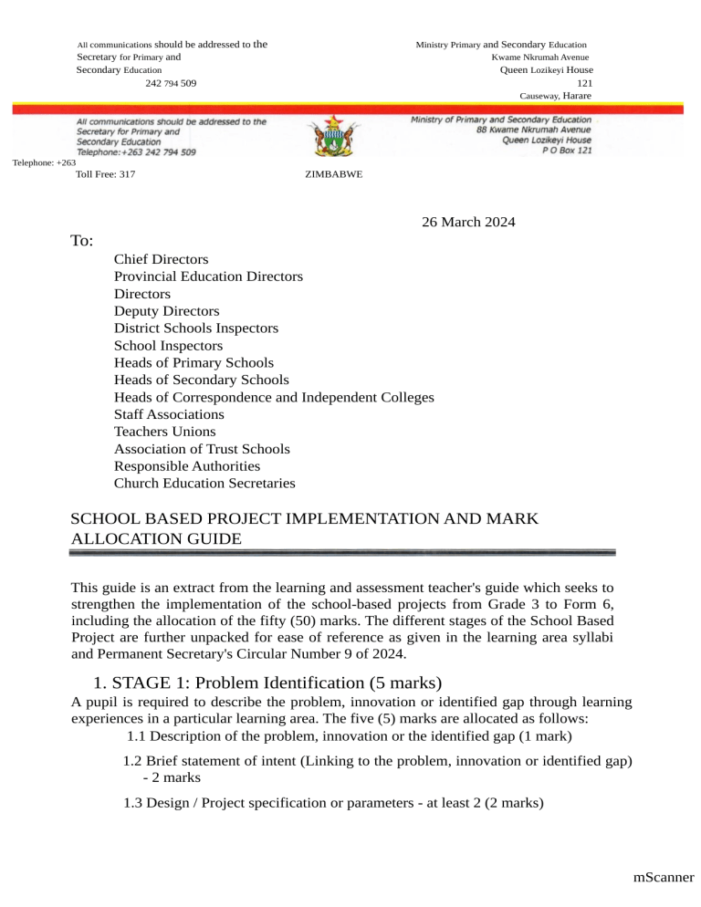 Zimbabwe School Project Implementation & Mark Allocation Guide 2024