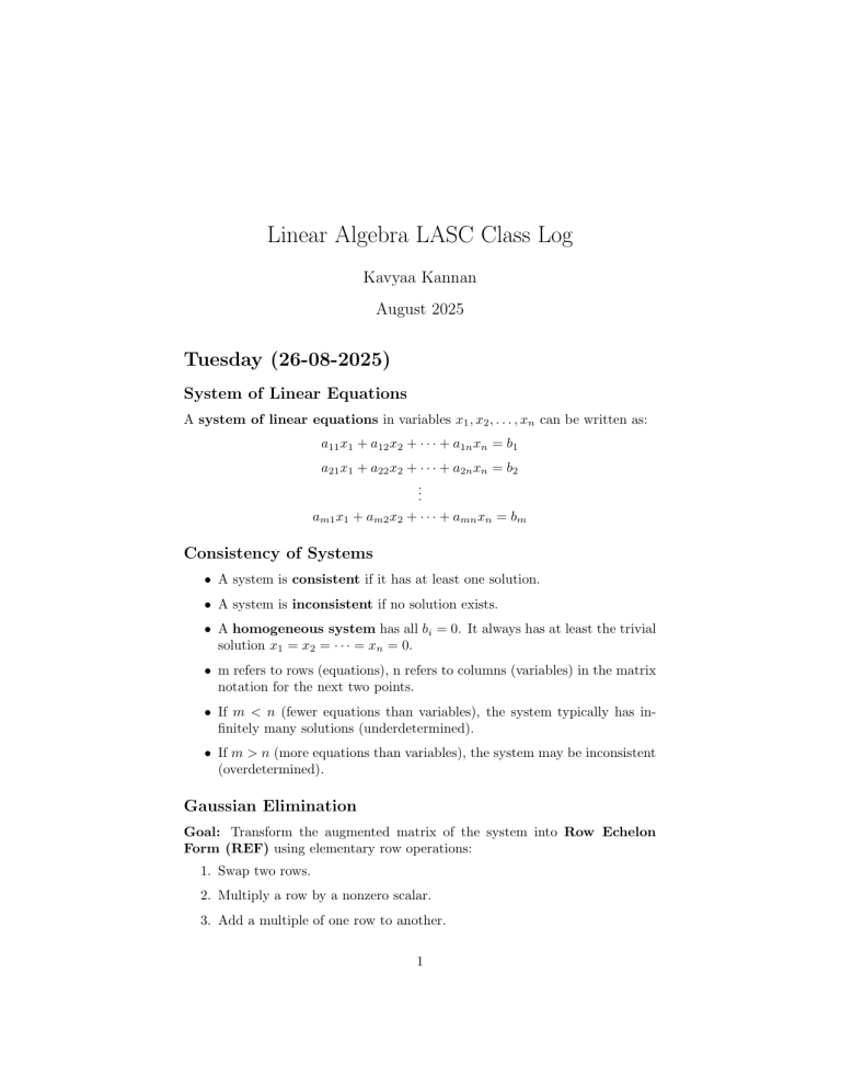 Linear Algebra Class Log: Systems, Gaussian Elimination, REF, RREF
