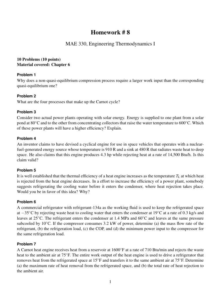 MAE 330 Engineering Thermodynamics I Homework 8 Problems (Chapter 6)