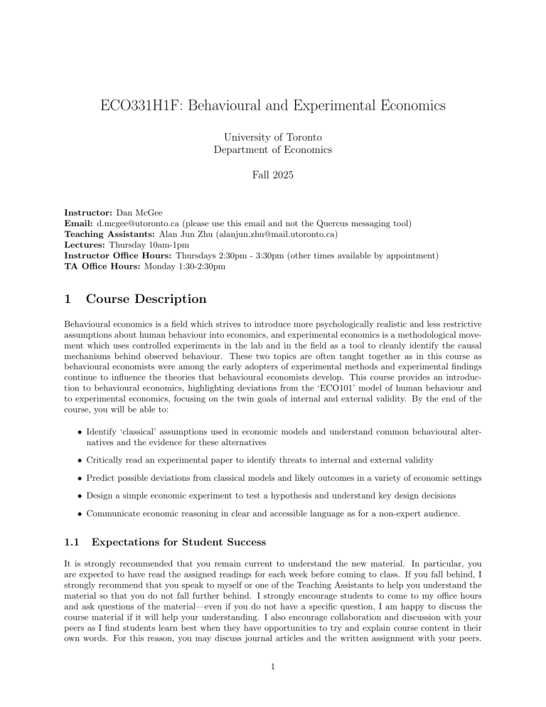 ECO331H1F: Behavioural & Experimental Economics Syllabus