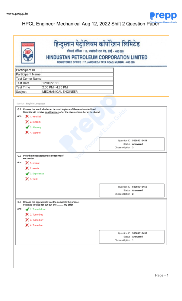 HPCL Mechanical Engineer Exam Paper Aug 2022