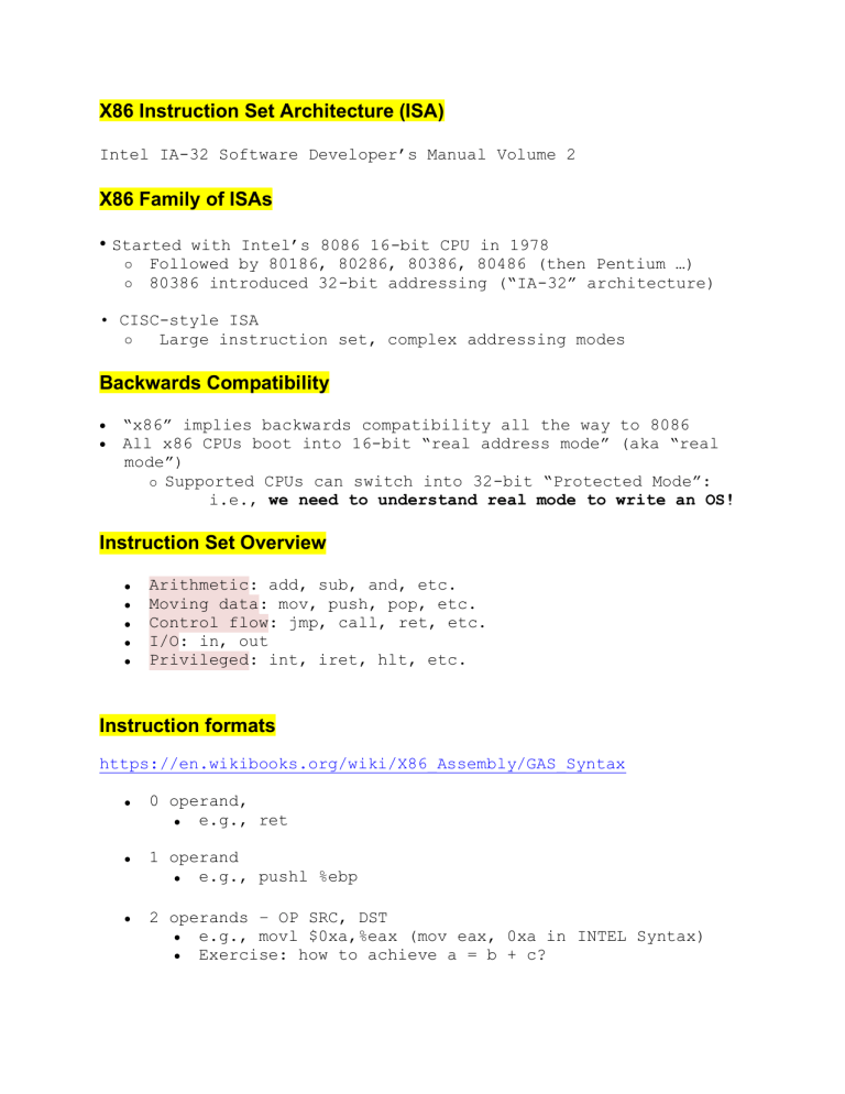 X86 Instruction Set Architecture (ISA) Overview