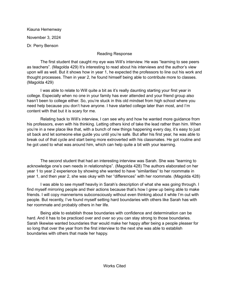 Reading Response: Student Development in College