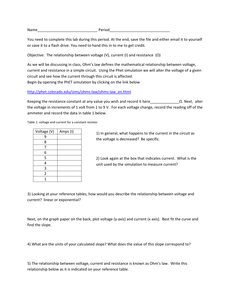 Ohm's Law Lab Worksheet: Voltage, Current, Resistance