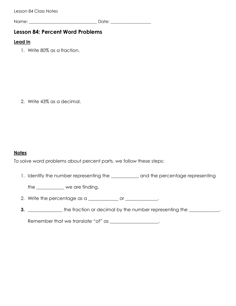 Lesson 84: Percent Word Problems Class Notes & Practice