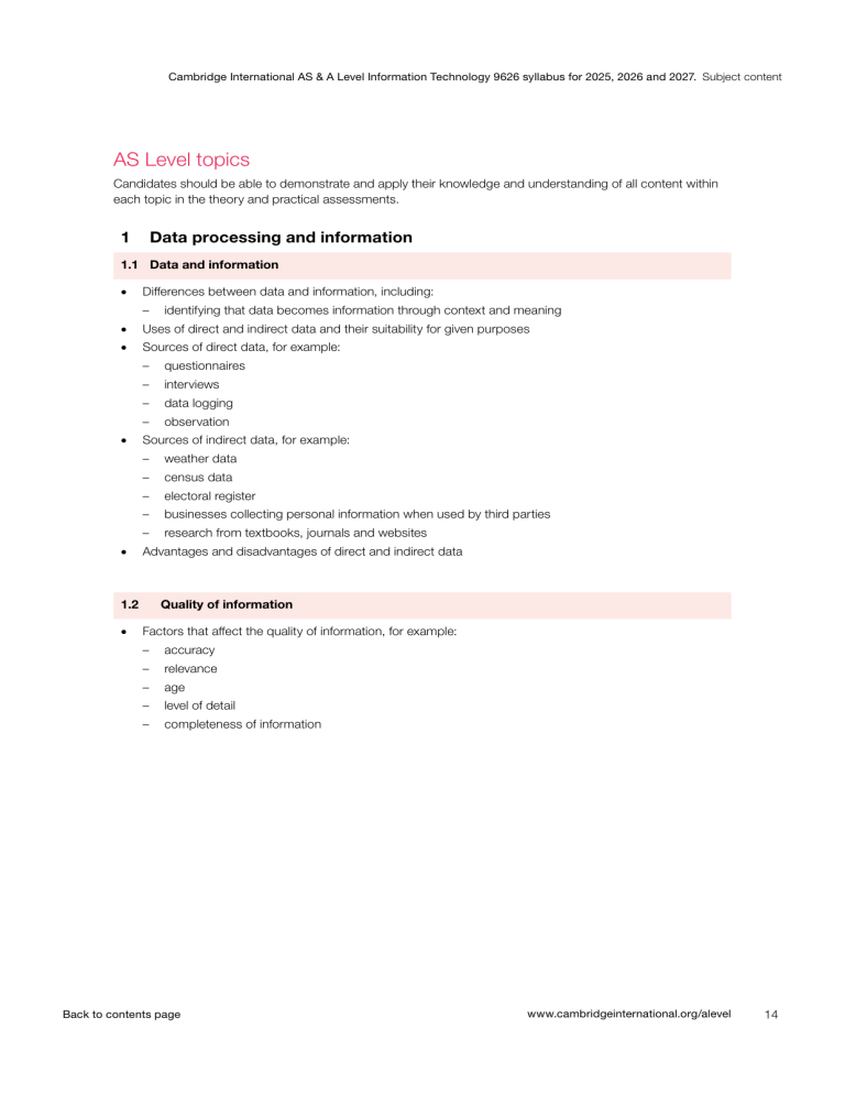 Cambridge AS & A Level IT 9626 Syllabus 2025-2027 | Data Processing