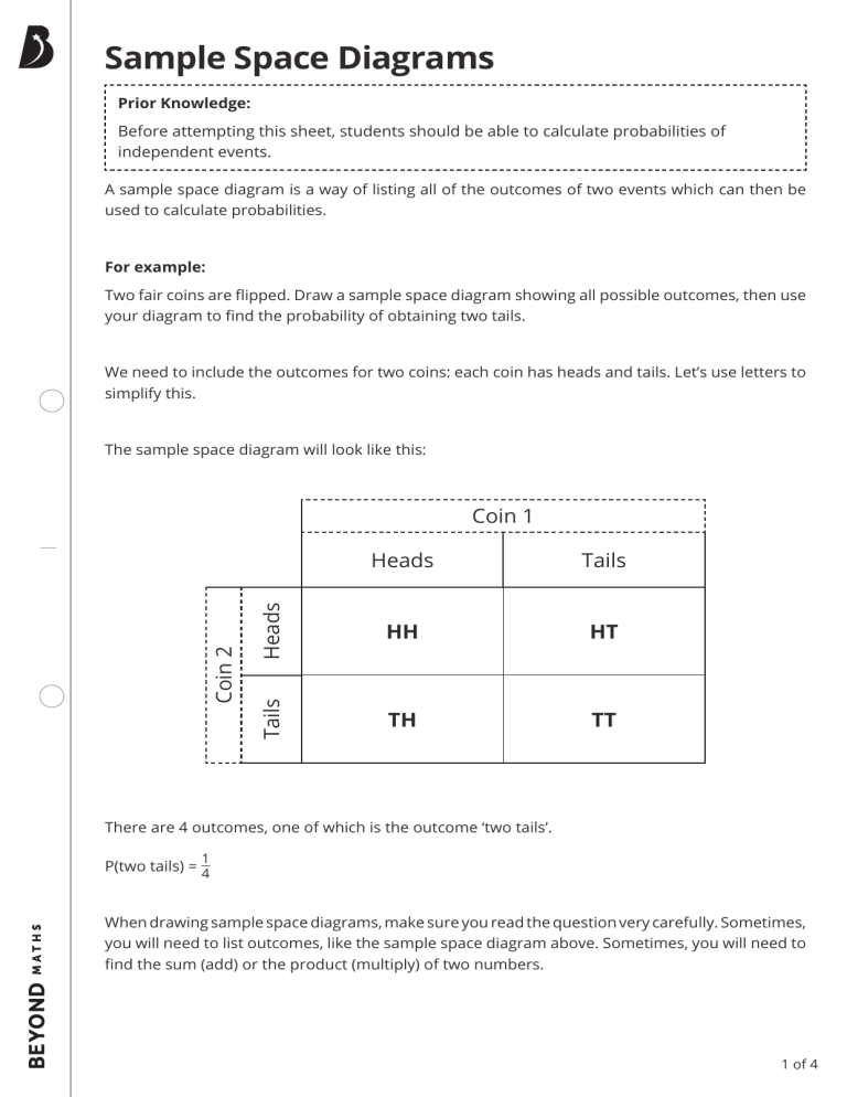 Sample Space Diagrams: Probability Worksheet & Practice Problems