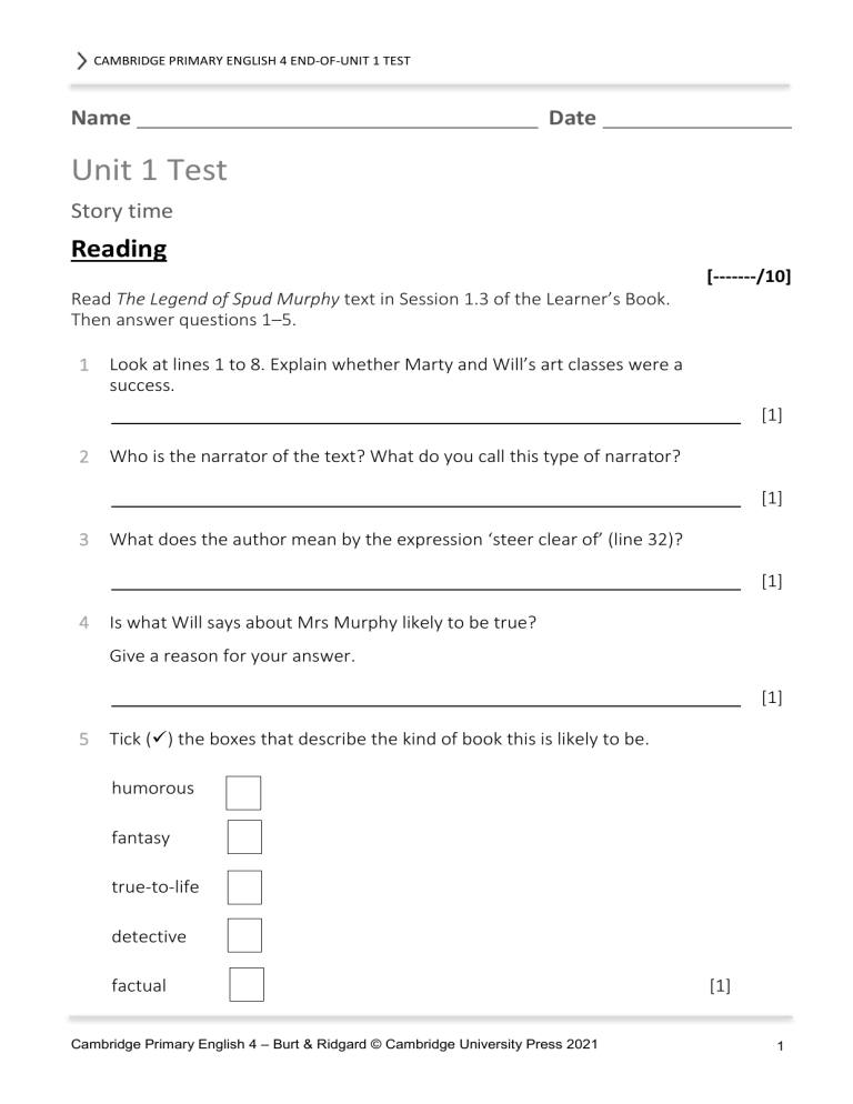Cambridge Primary English 4 Unit 1 Test
