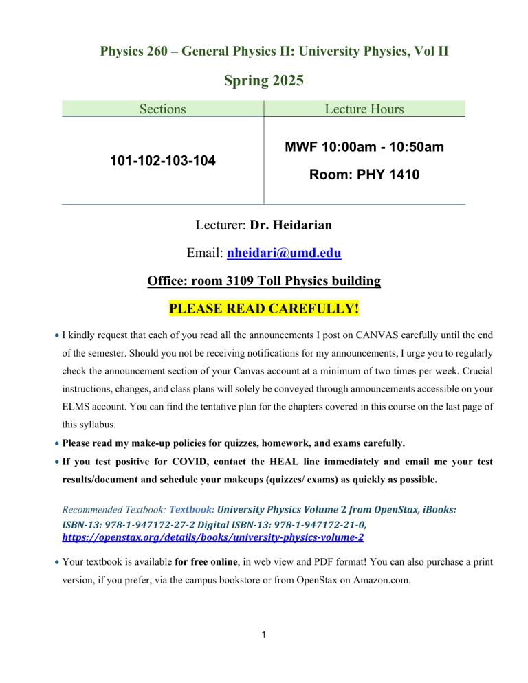 Physics 260 General Physics II Syllabus - UMD Spring 2025