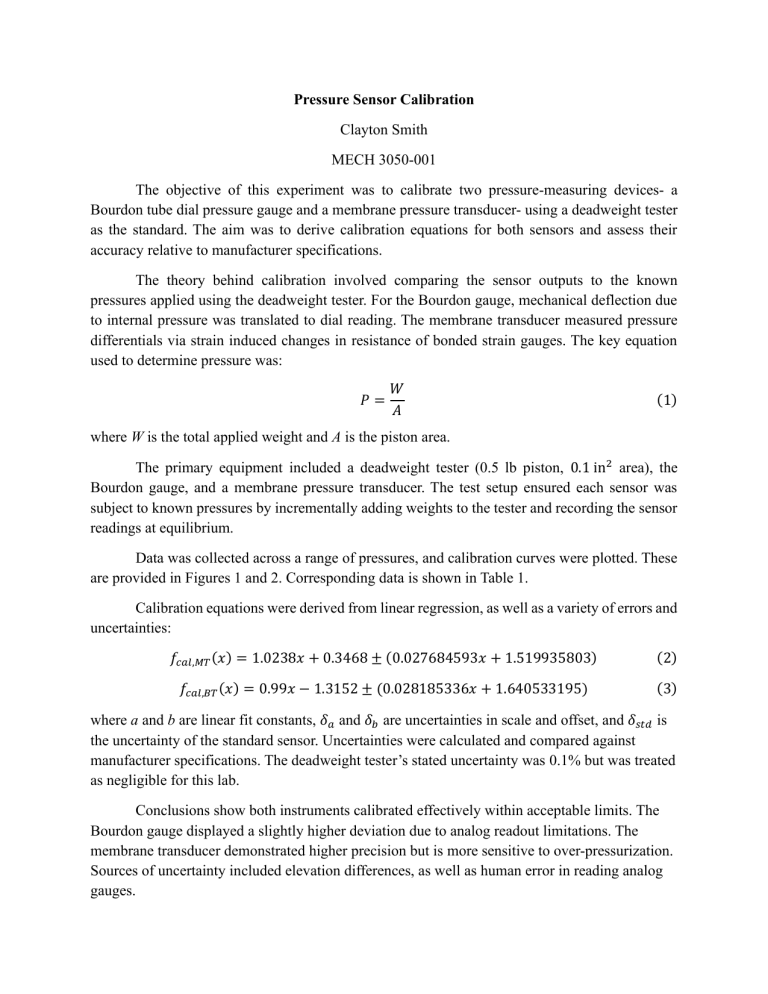 Pressure Sensor Calibration Lab Report - MECH 3050