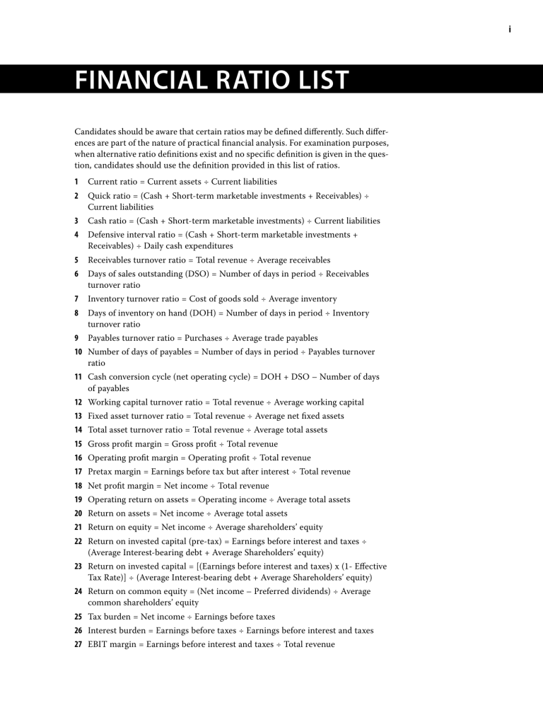 Financial Ratio List: Formulas & Definitions