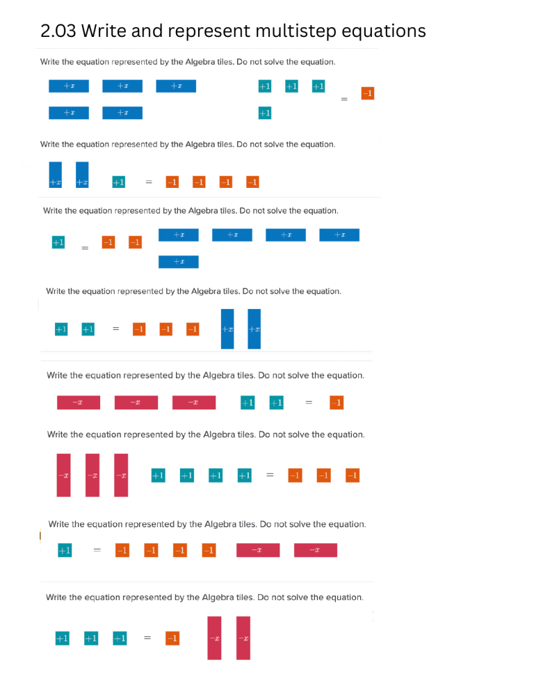 Multistep Equations with Algebra Tiles Worksheet