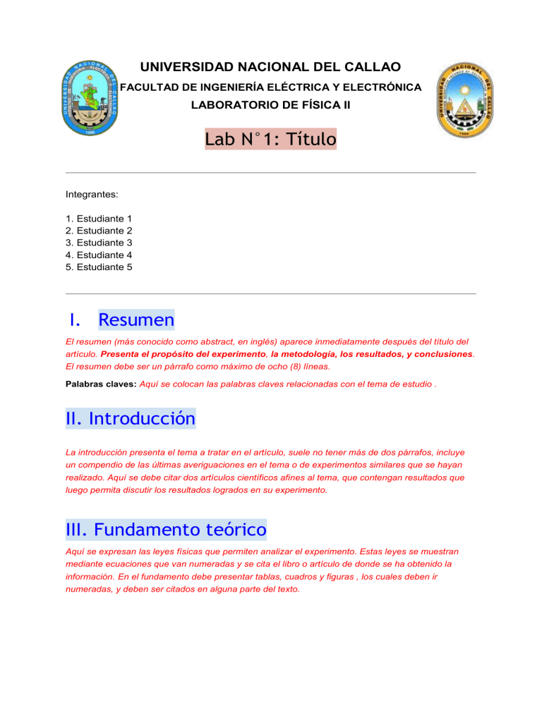 Plantilla Informe Laboratorio Física II - Universidad Nacional del Callao