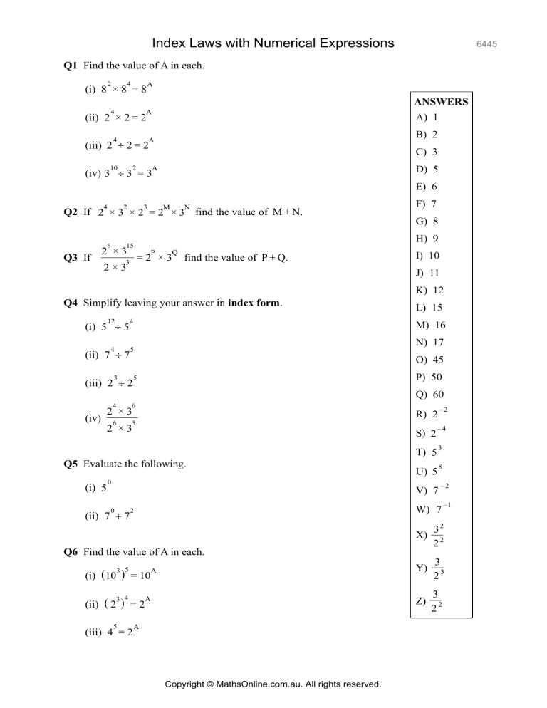 Index Laws Worksheet: Exponents & Numerical Expressions