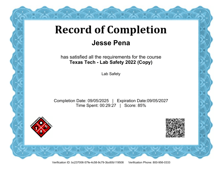 Lab Safety Certificate - Jesse Pena, Texas Tech 2022