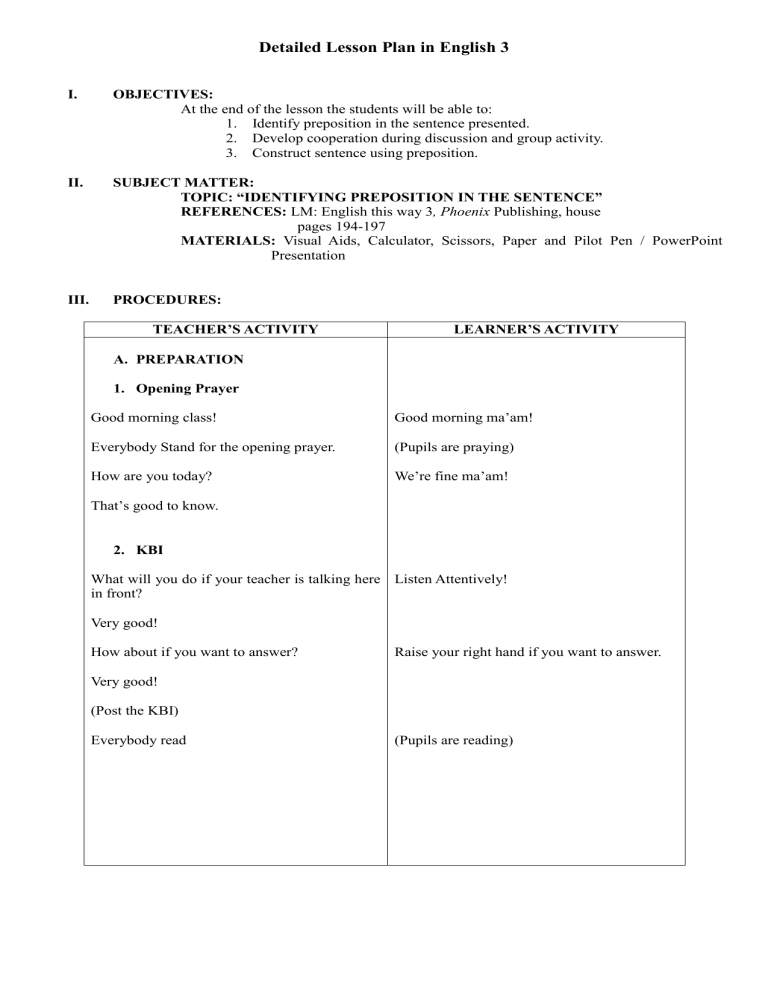 English Lesson Plan: Identifying Prepositions (Grade 3)