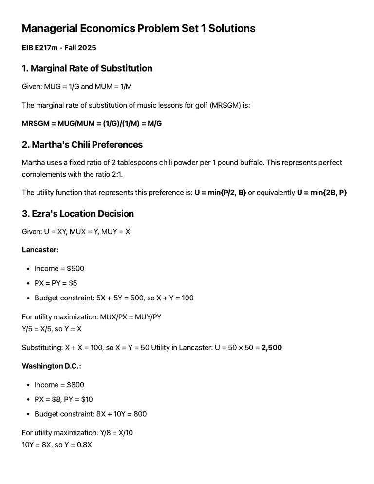 Managerial Economics Problem Set 1 Solutions