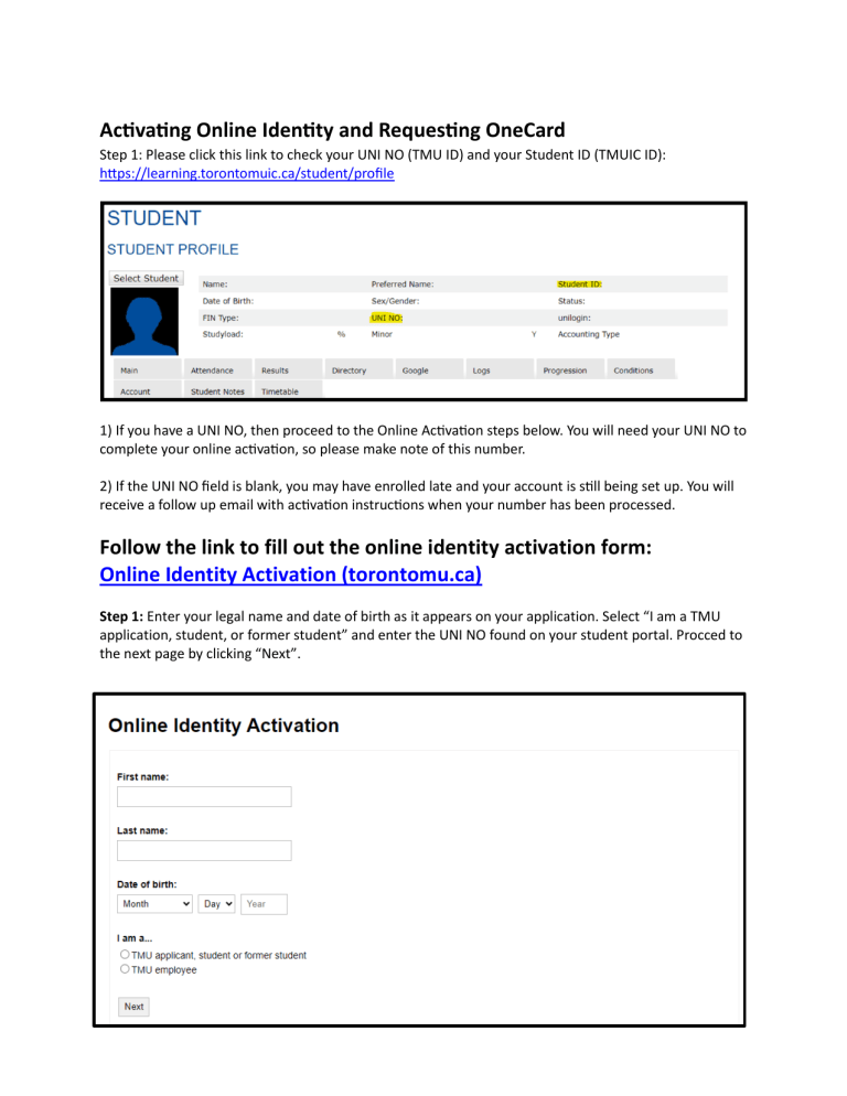 TMU Online Identity & OneCard Activation Guide