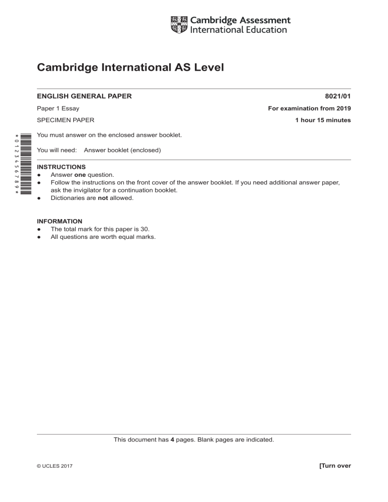 Cambridge AS Level English General Paper 8021/01 Specimen
