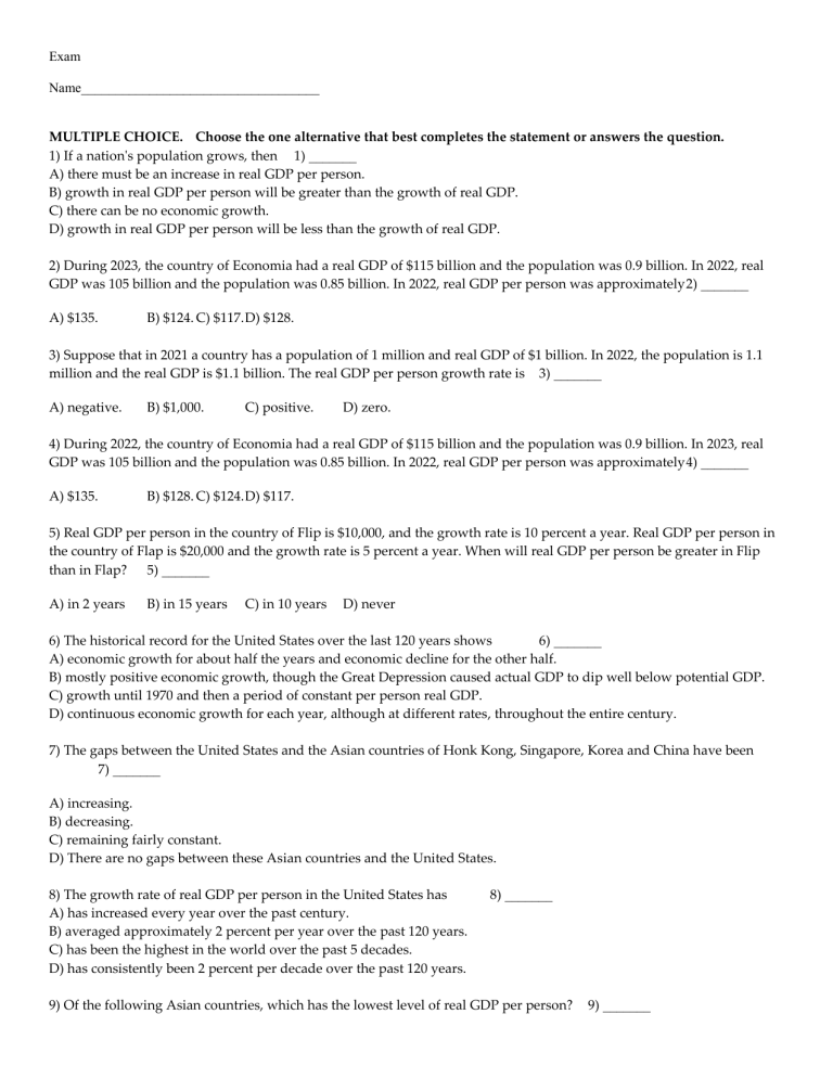 Economics Exam: Real GDP, Growth, Labor Markets