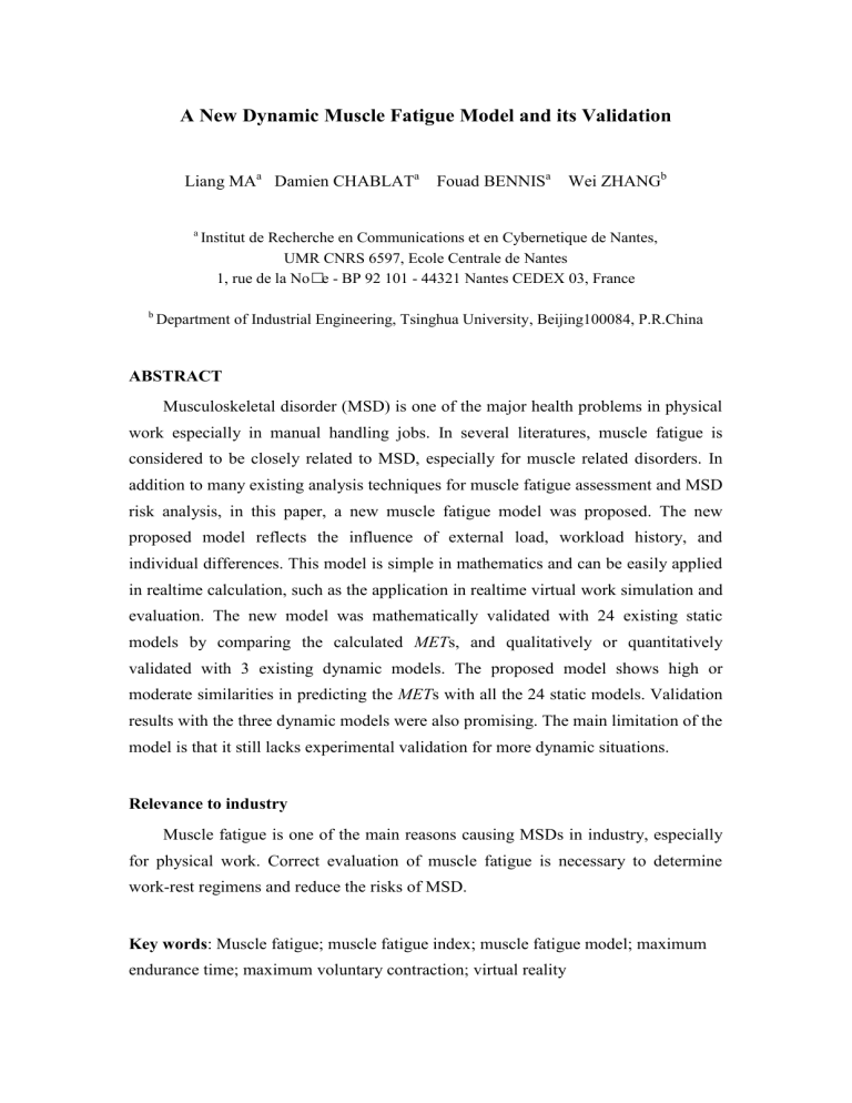 Dynamic Muscle Fatigue Model: Validation for MSD Risk Analysis