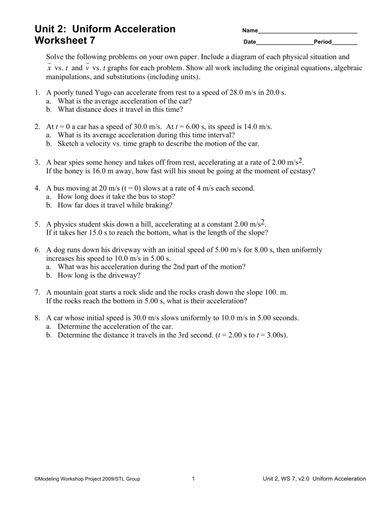 Uniform Acceleration Physics Worksheet - Kinematics Problems